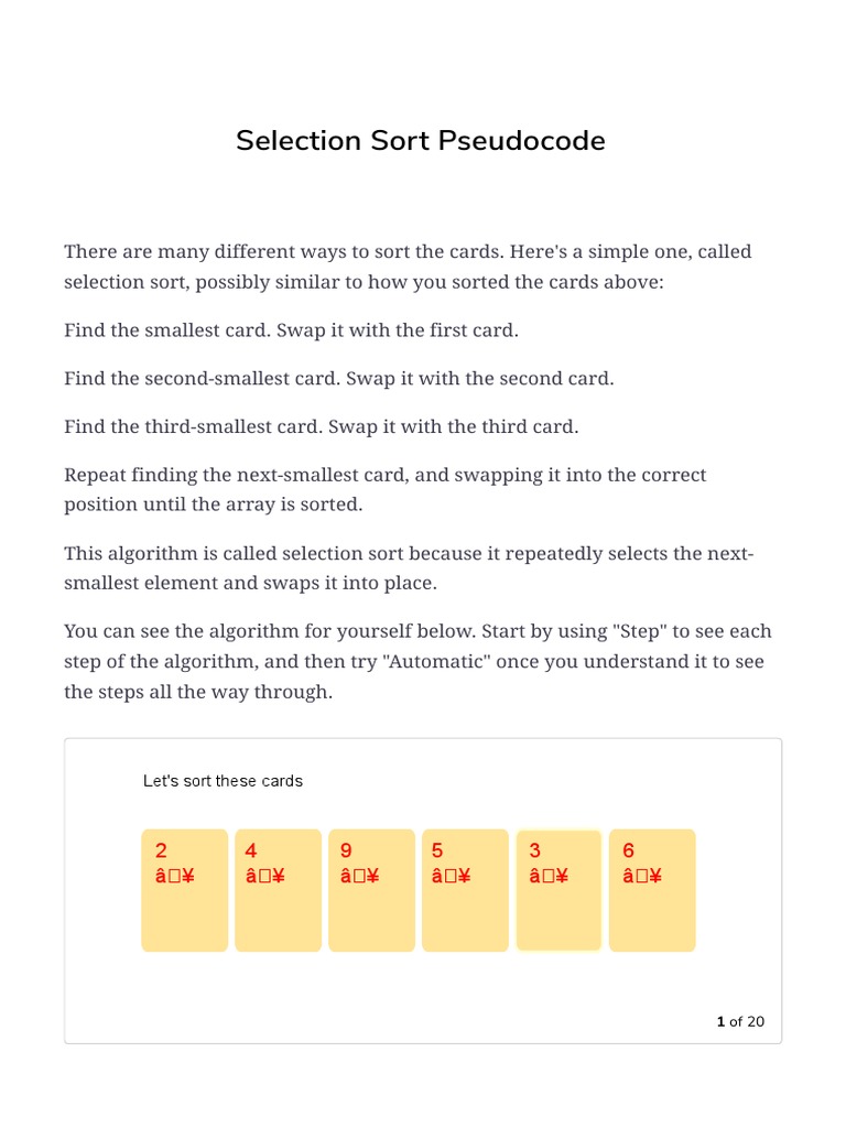 Selection Sort Pseudocode Lets Sort These Cards Download Free Pdf