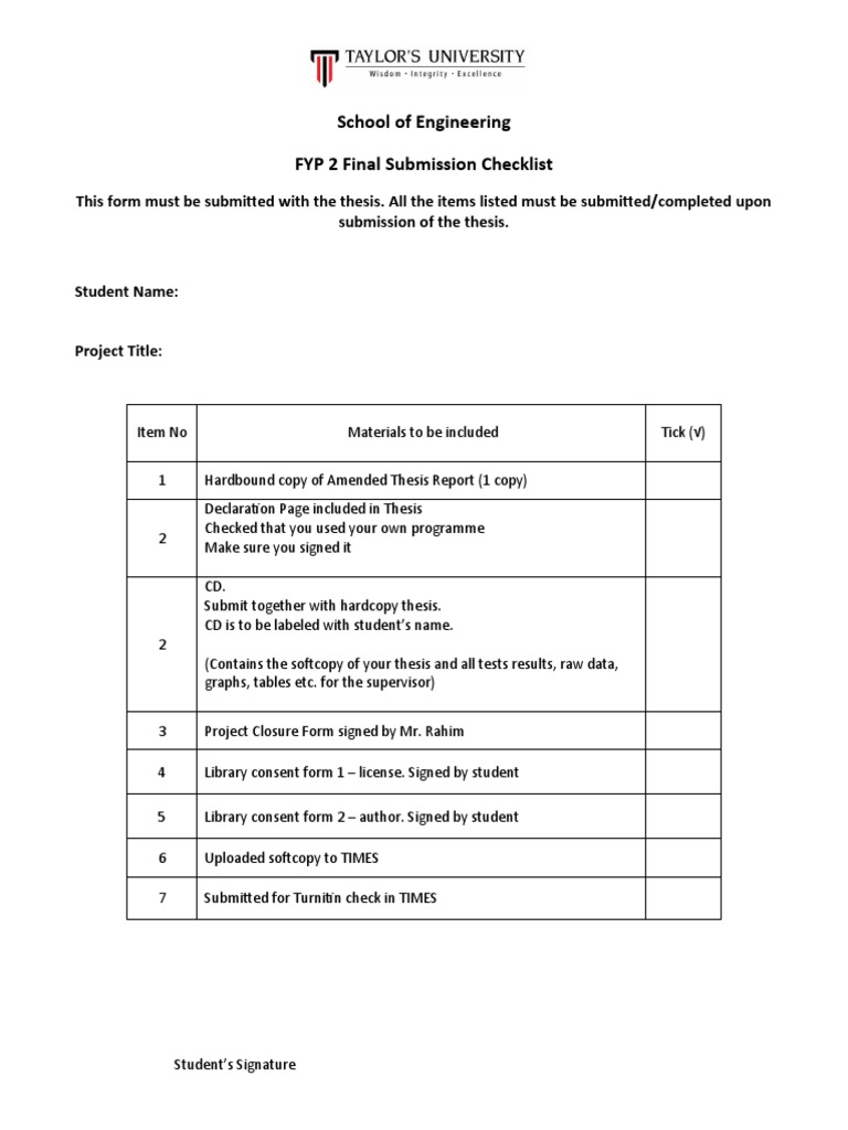 FYP 2 Submission Checklist | PDF