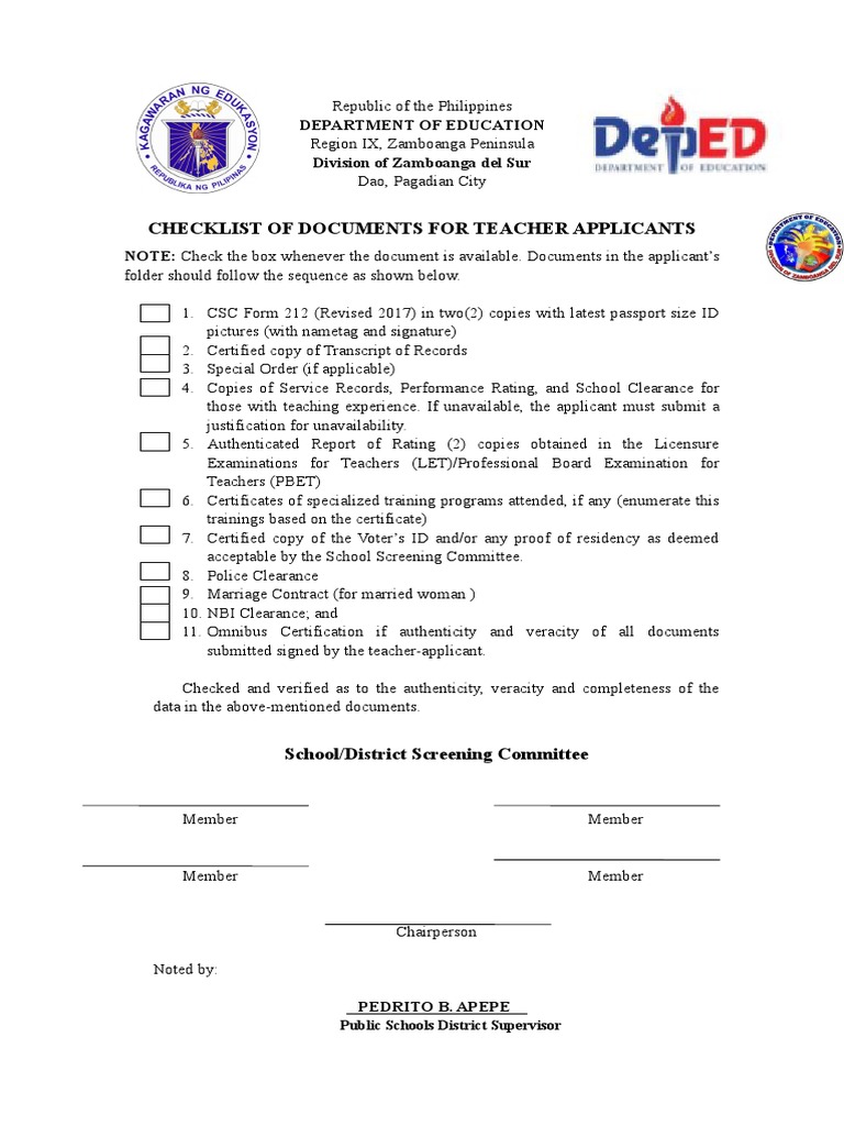 Teacher 1 Application Document Checklist | PDF