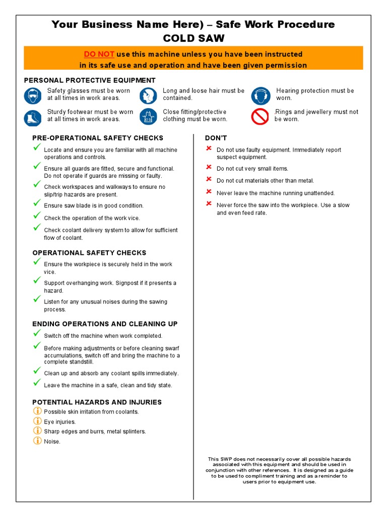 Your Business Name Here) - Safe Work Procedure Cold Saw | PDF ...