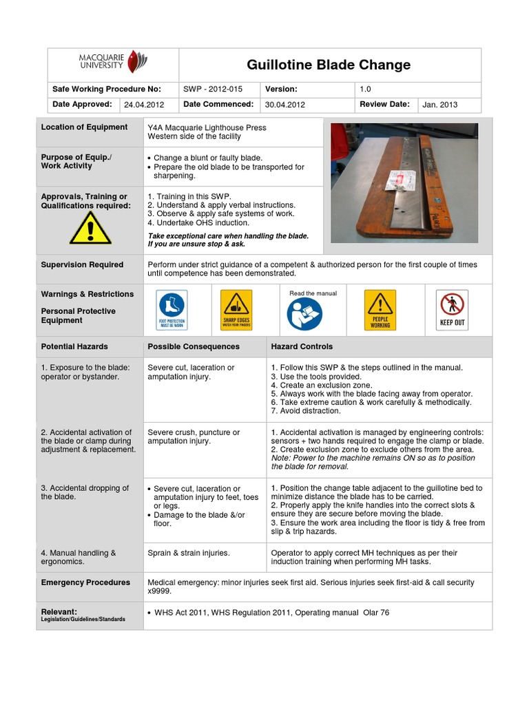 A Safe Procedure for Changing Guillotine Blades | PDF | Knife | Blade