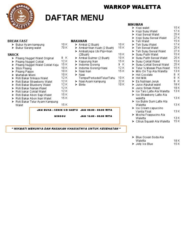 Menu Warkop Waletta: Sarapan, Snack, Minuman | PDF | Memasak, Makanan ...