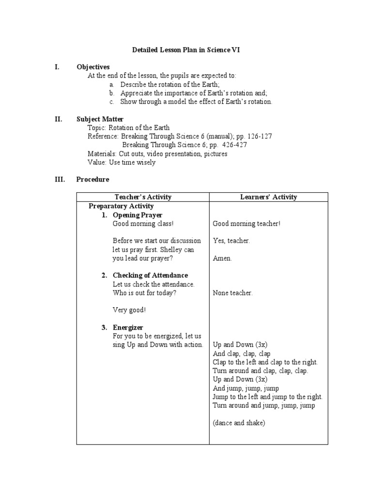 Detailed Lesson Plan in SCIENCE 6.1 | PDF | Rotation | Rotation Around ...