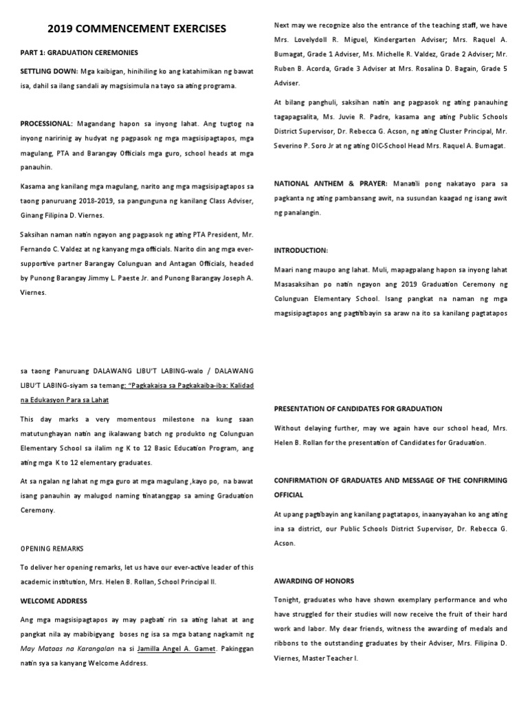 2019 Commencement Exercises Script | PDF