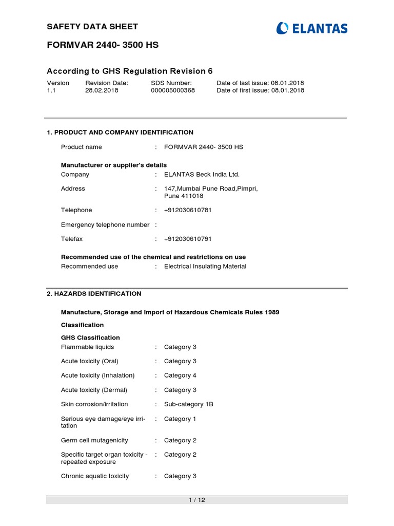 Safety Data Sheet for Formvar 2440-3500 HS Wire Enamel | PDF | Toxicity ...