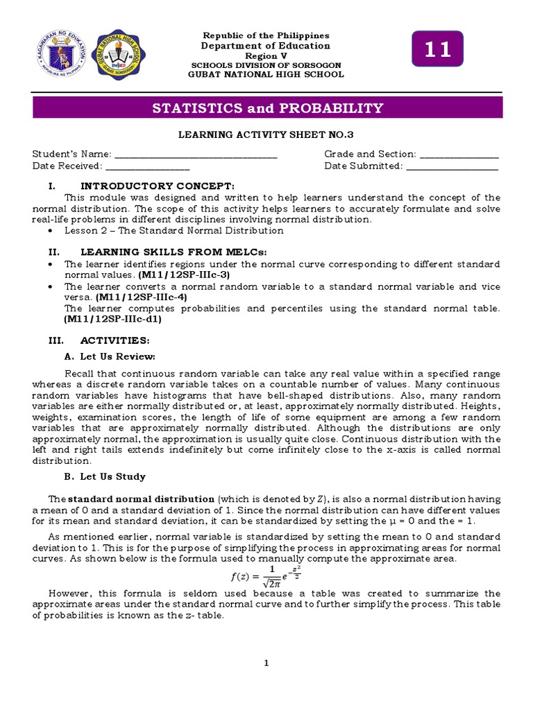 LAS 3 Statistics and Probability | PDF | Standard Score | Normal ...