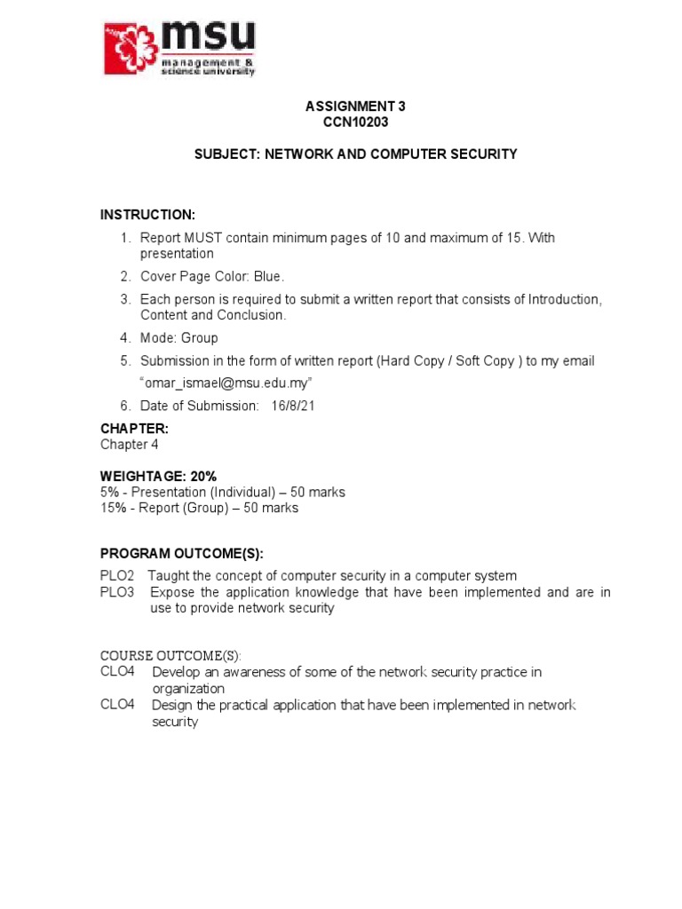 Assignment 3 CCN10203 Subject: Network and Computer Security | PDF