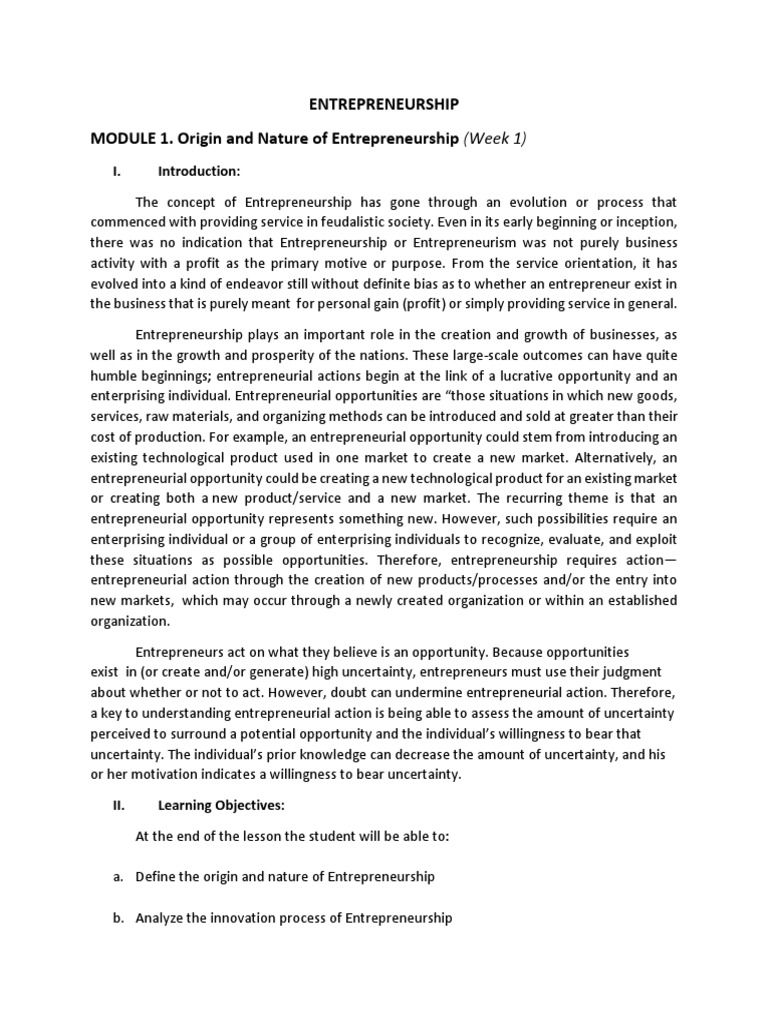 Entrepreneurship MODULE 1. Origin and Nature of Entrepreneurship (Week ...