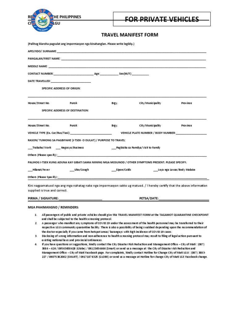 Travel Manifest Form for Vehicles | PDF | Epidemiology | Wellness
