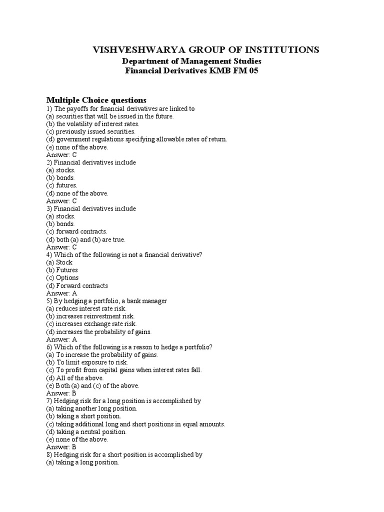 Financial Derivatives MCQ Guide | PDF | Put Option | Option (Finance)