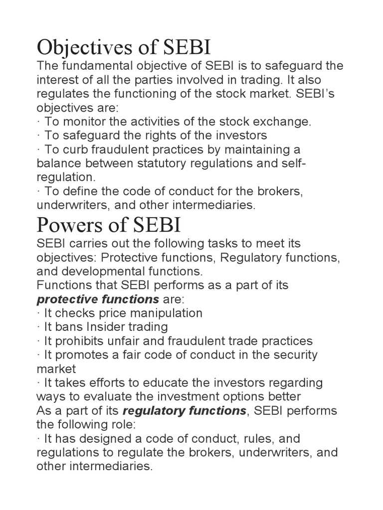 Objectives of SEBI: Protective Functions Are | PDF
