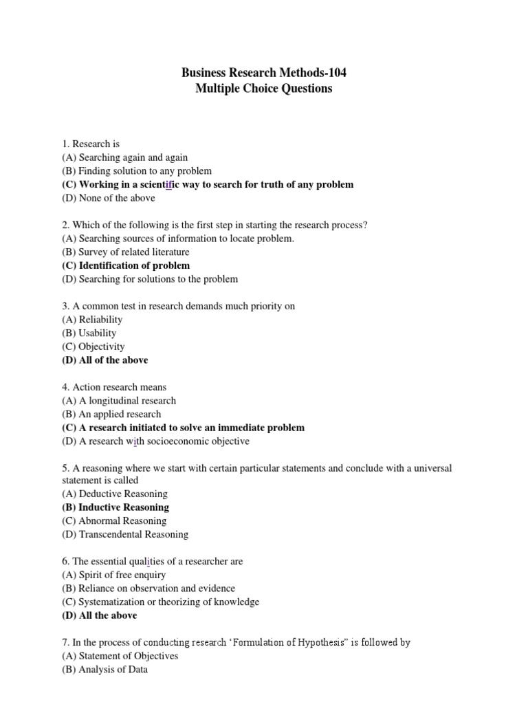 Business Research Methods-104 Multiple Choice Questions | PDF ...