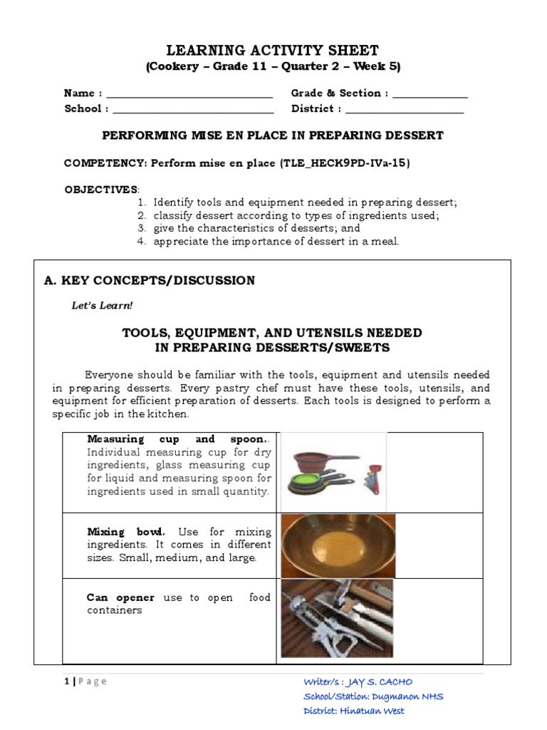 Learning Activity Sheet: (Cookery - Grade 11 - Quarter 2 - Week 5 ...