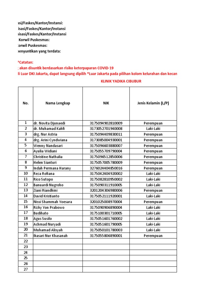 Format Pendataan Sasaran Untuk Fasyankes | PDF