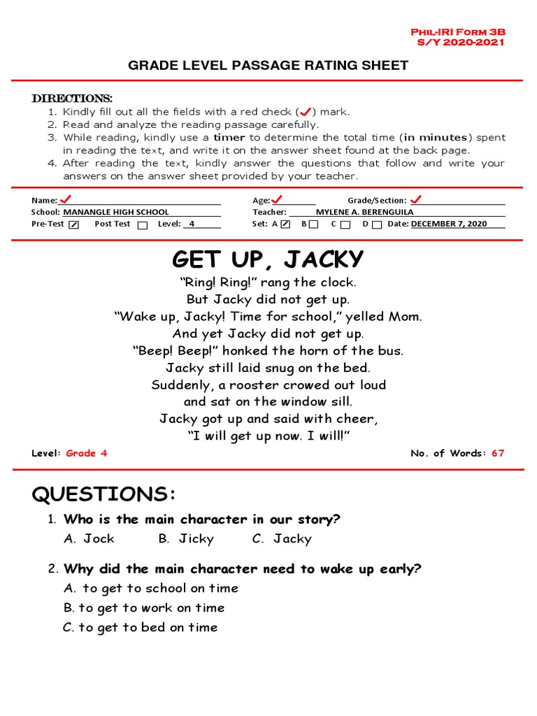 Get Up, Jacky: Questions | PDF | Reading Comprehension