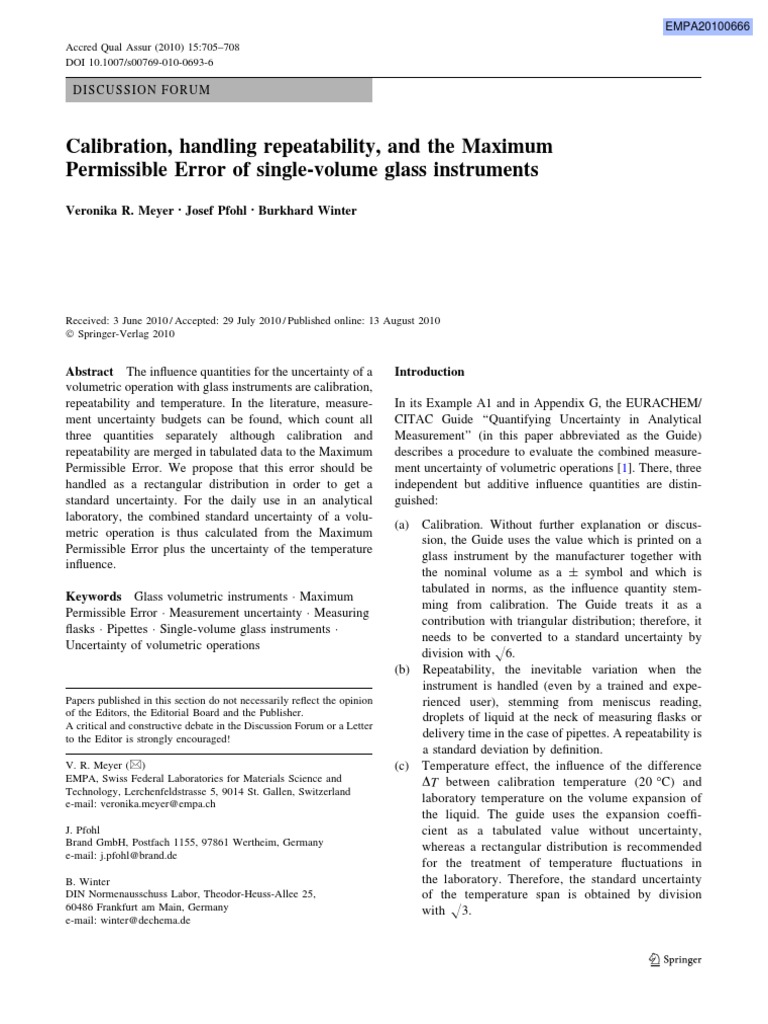 Calibration, Handling Repeatability, and The MPE of Single-Volume Glass ...