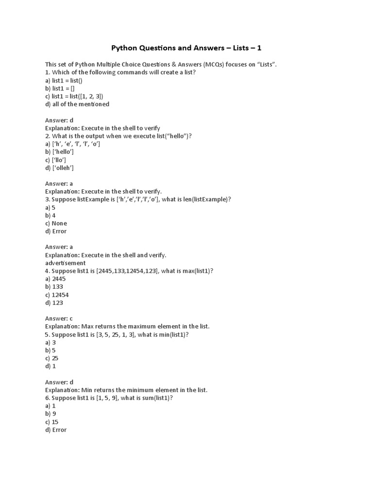 Python Questions And Answers Lists 1 Pdf Parameter Computer Programming Anonymous