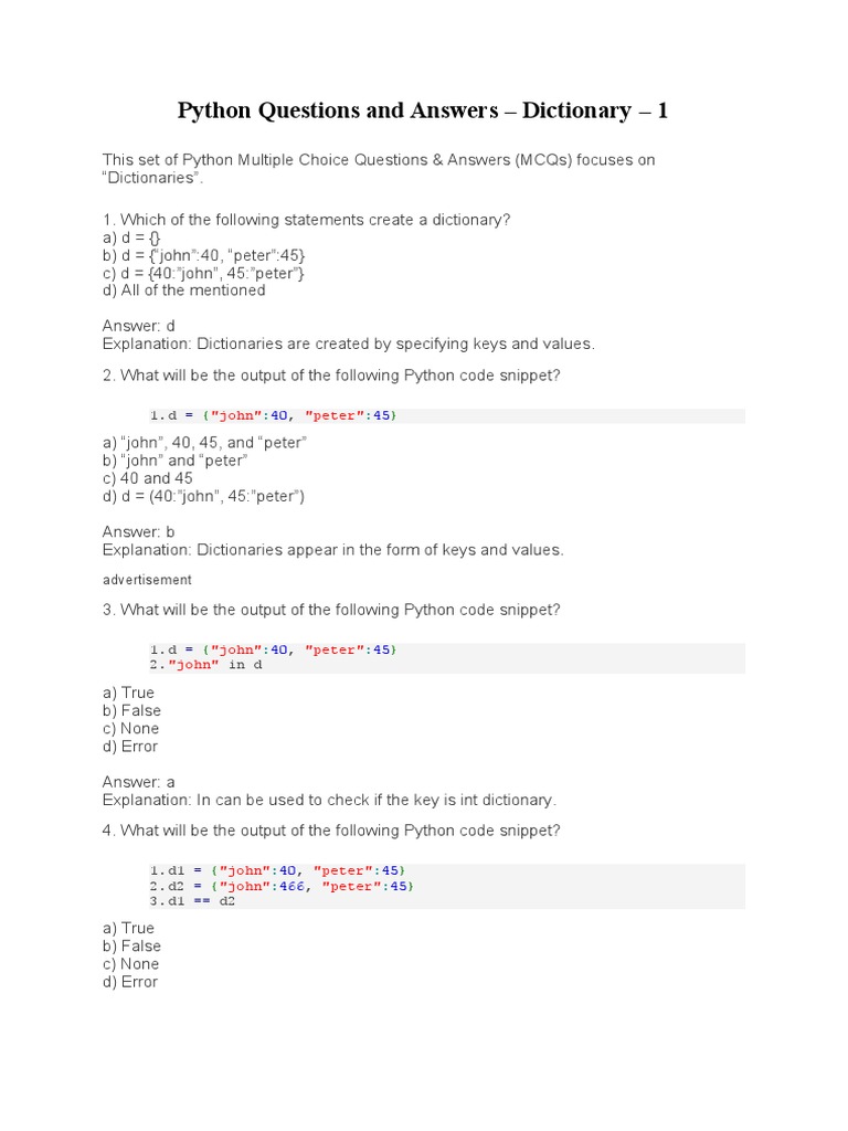Python Questions and Answers - Dictionary - 1: "John" "Peter" | PDF | Parameter (Computer ...
