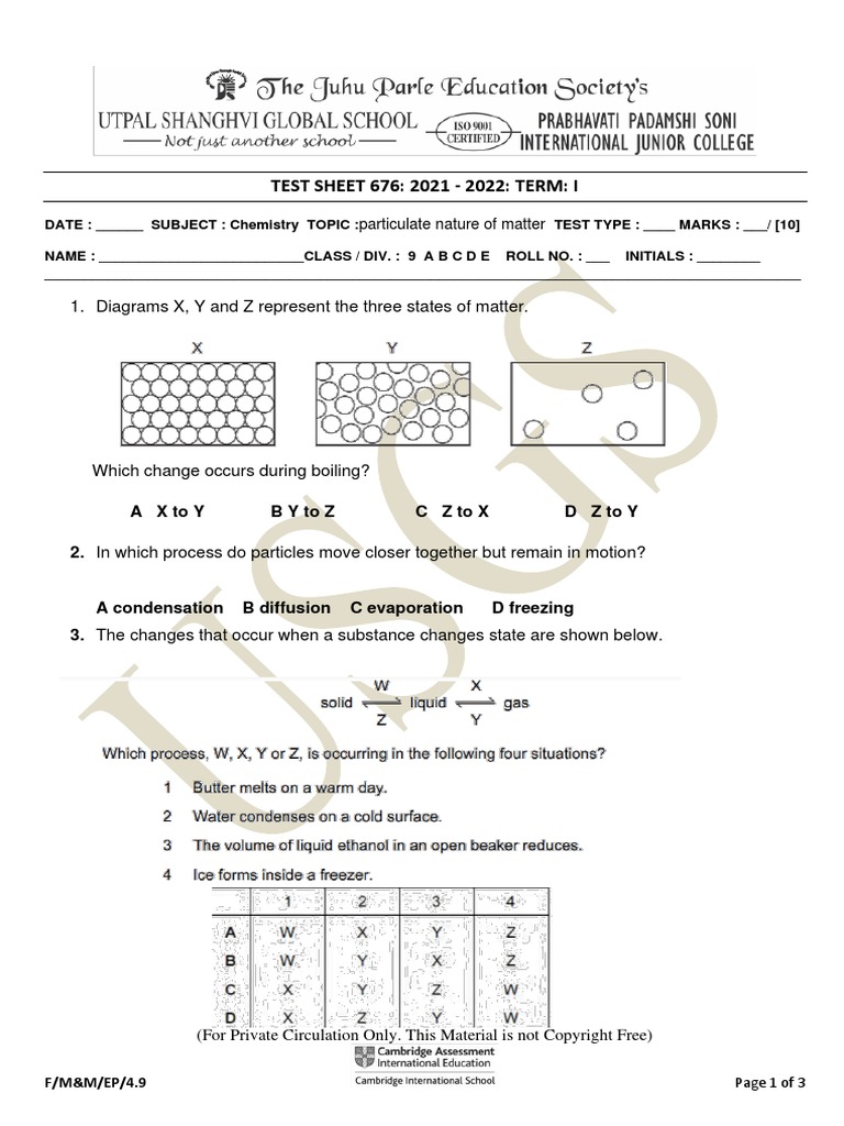 Testsheet The Particulate Nature of Matter | PDF | Diffusion | Gases