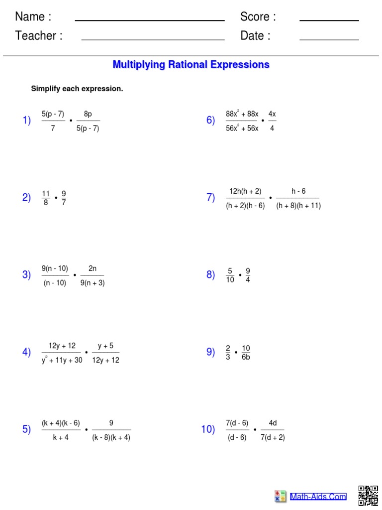 Name: Teacher: Date: Score:: Multiplying Rational Expressions | PDF ...