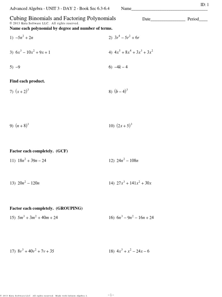 DAY 2 - HW-Cubing Binomials and Factoring | PDF | Factorization ...
