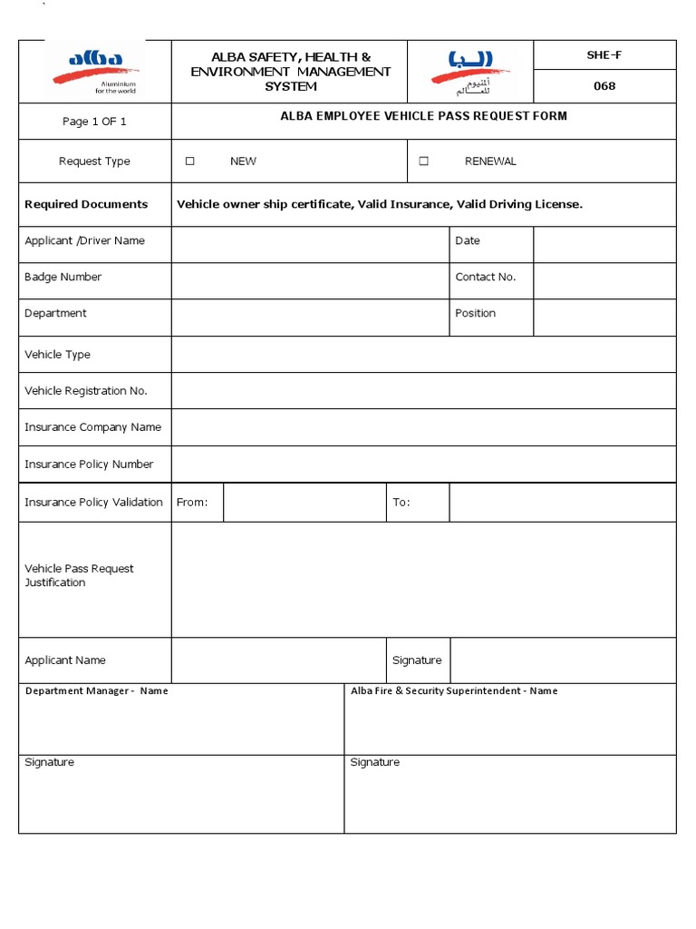 SHE-F-068 Alba Employee Vehicle Pass Request Form | PDF