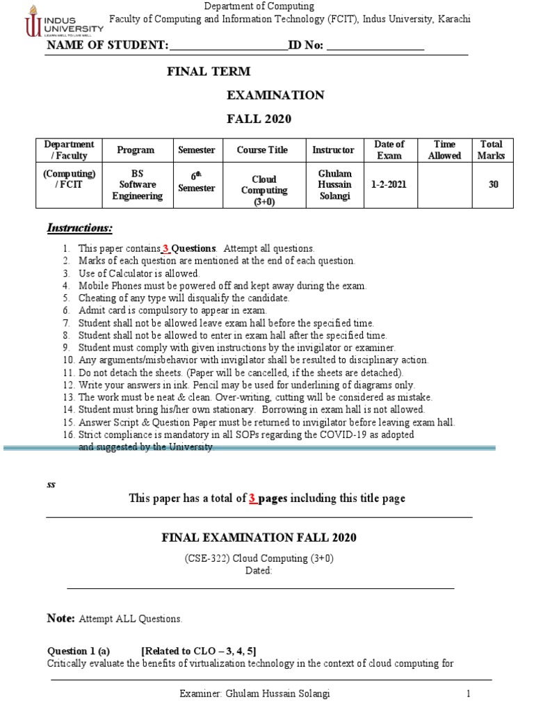 Cloud Computing Exam Paper - Fall 2020 | PDF | Data Center | Test ...