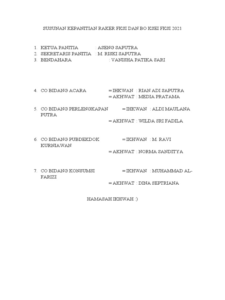 Susunan Kepanitian Raker Fksi Dan Bo Ksei Fksi 2021 | PDF