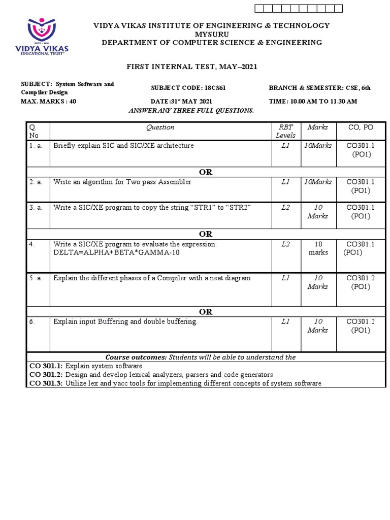 RBT Levels Marks L1 10marks: Answer Any Three Full Questions | PDF ...