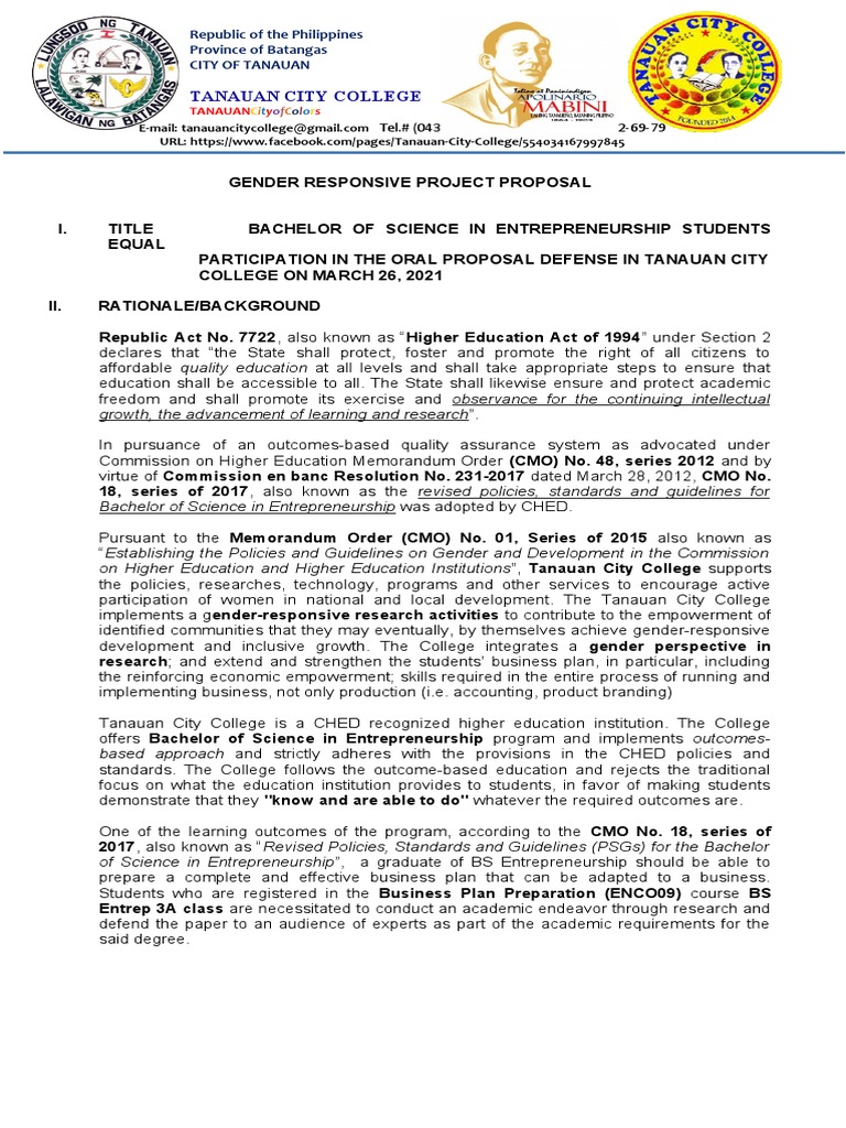 Gender Responsive Project Proposal - BS Entrep Proposal Oral Defense ...