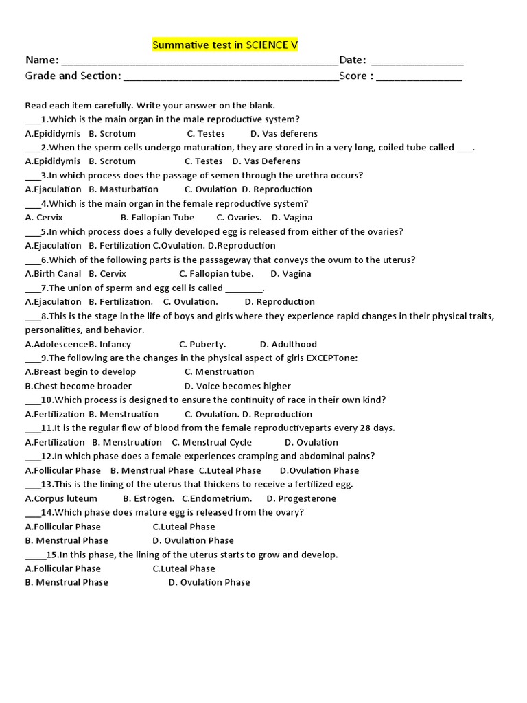 Summative Test Q2 1 | PDF | Menstrual Cycle | Reproductive System