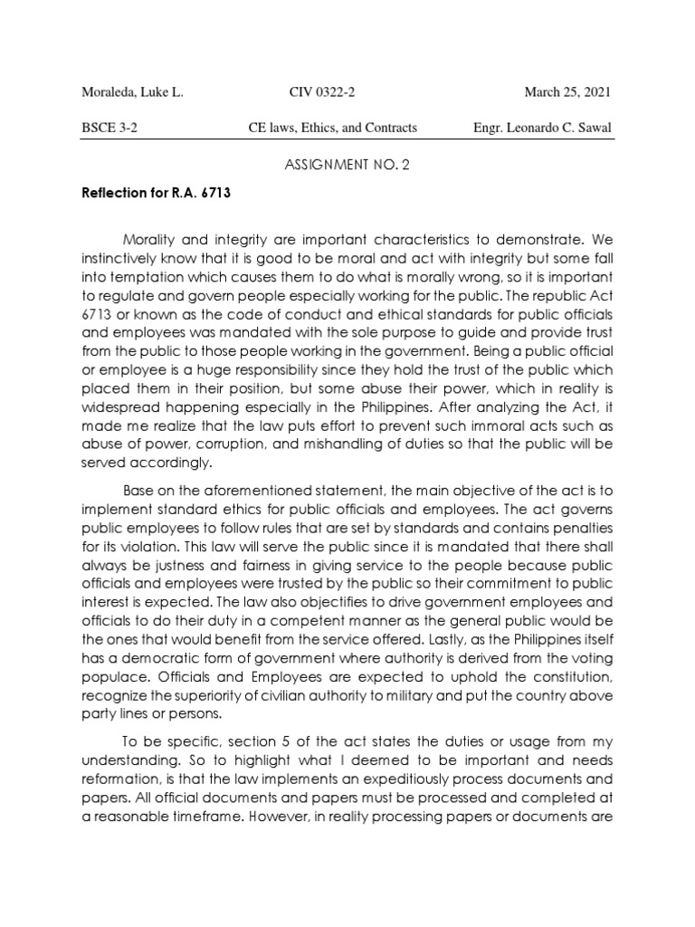 Assignment 2-CE LAWS, ETHICS AND CONTRACTS | PDF | Engineer | Integrity