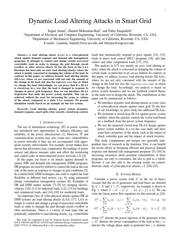 Dynamic Load Altering Attacks In Smart Grid Pdf Control Theory Electrical Grid