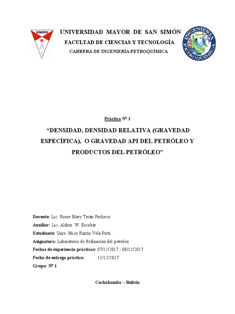 Práctica No 1 - DENSIDAD, DENSIDAD RELATIVA (GRAVEDAD ESPECÍFICA), O ...
