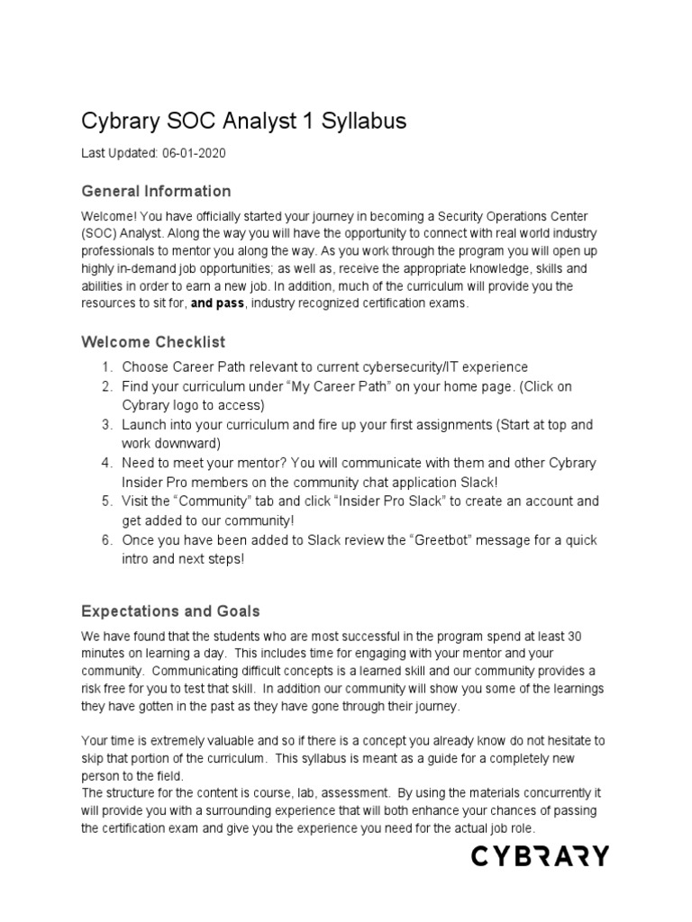 Cybrary SOC Analyst Level 1 Syllabus 1 | PDF | Mentorship | Computer Security