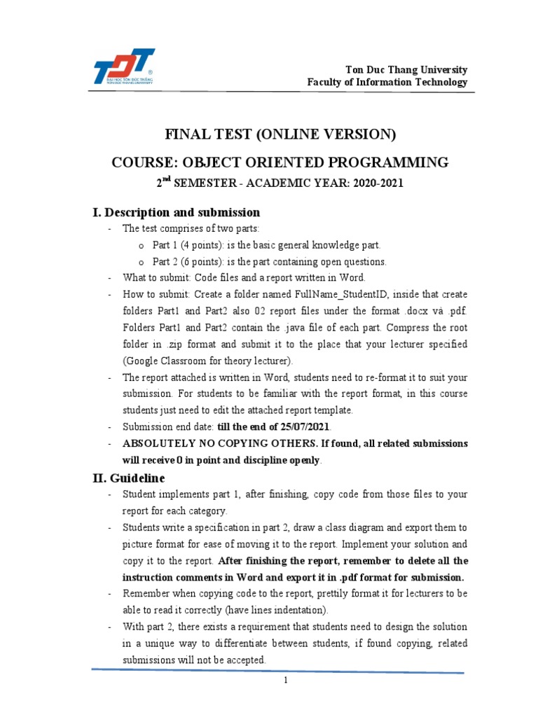 Final Test (Online Version) Course: Object Oriented Programming ...