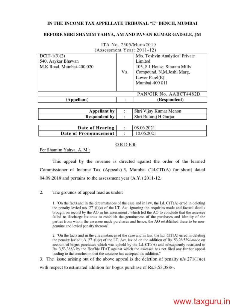 DCIT Vs Toshvin Analytical Private Limited ITAT Mumbai | PDF | Taxes ...
