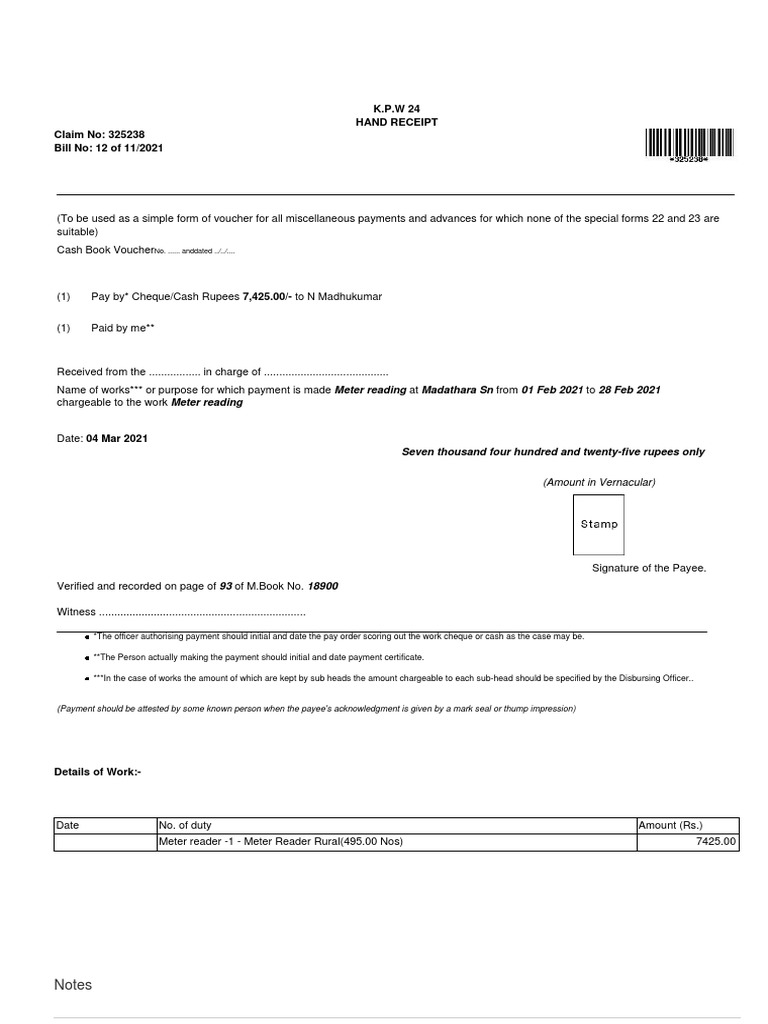K.P.W 24 Hand Receipt Claim No: 325238 Bill No: 12 of 11/2021 | PDF ...