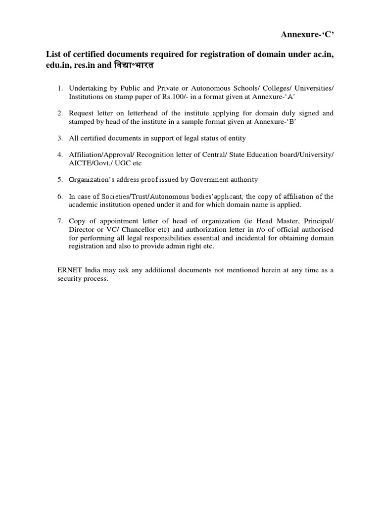 Annexure-‘C' List of certified documents required for registration of domain under ac.in, edu.in ...