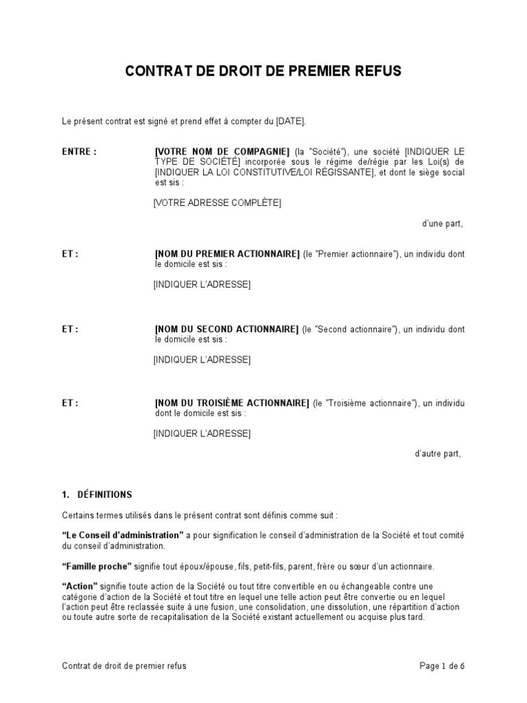 Contrat de Droit de Premier Refus | PDF | Actionnaire | Hypothèque