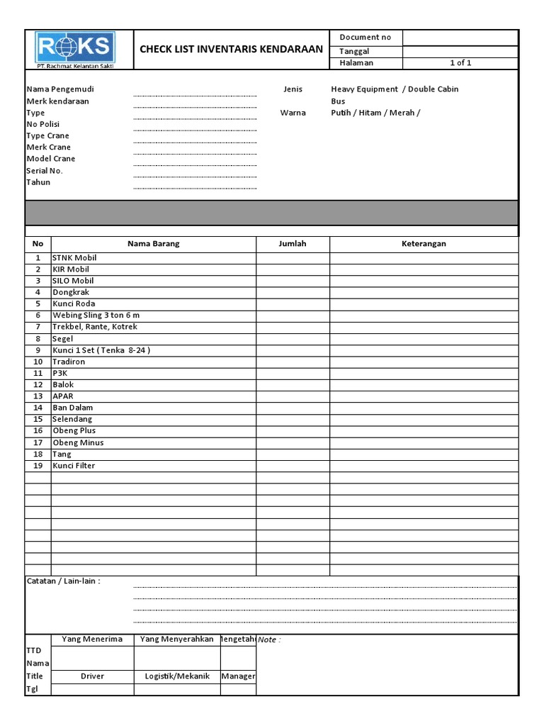 Form List Inventaris Kendaraan | PDF