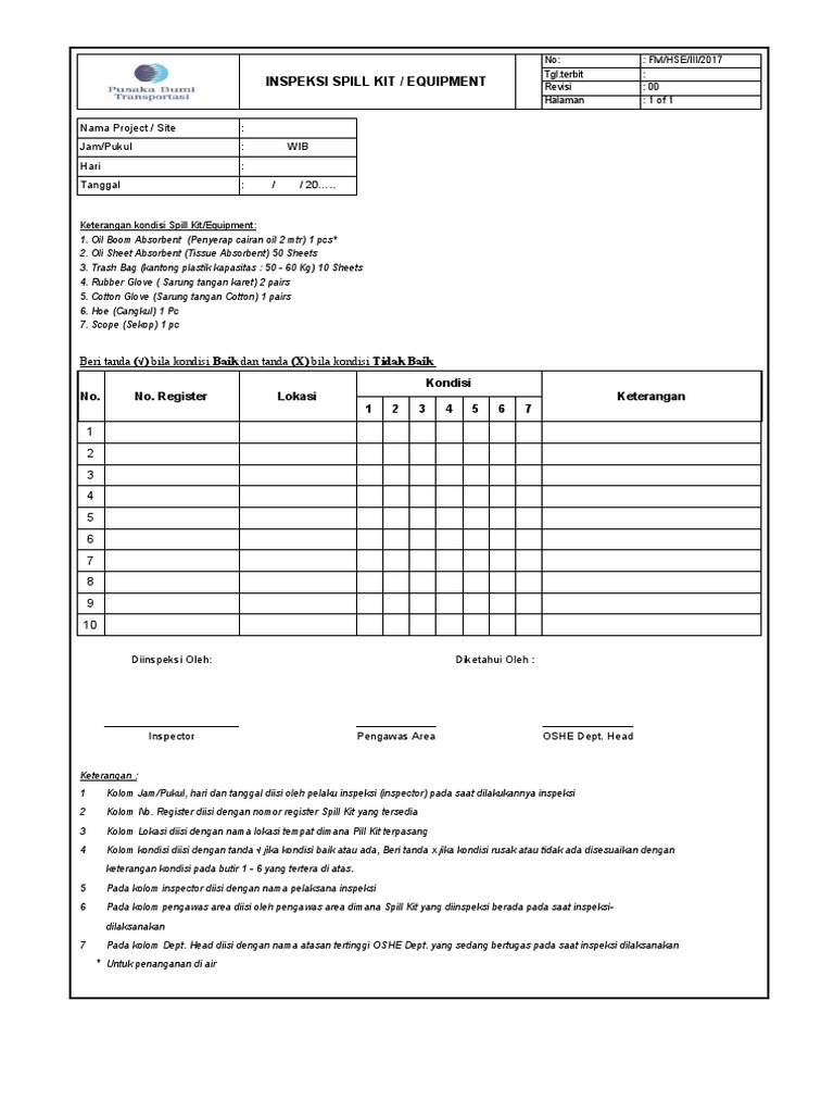 Checklist Inspeksi Spill Kit | PDF
