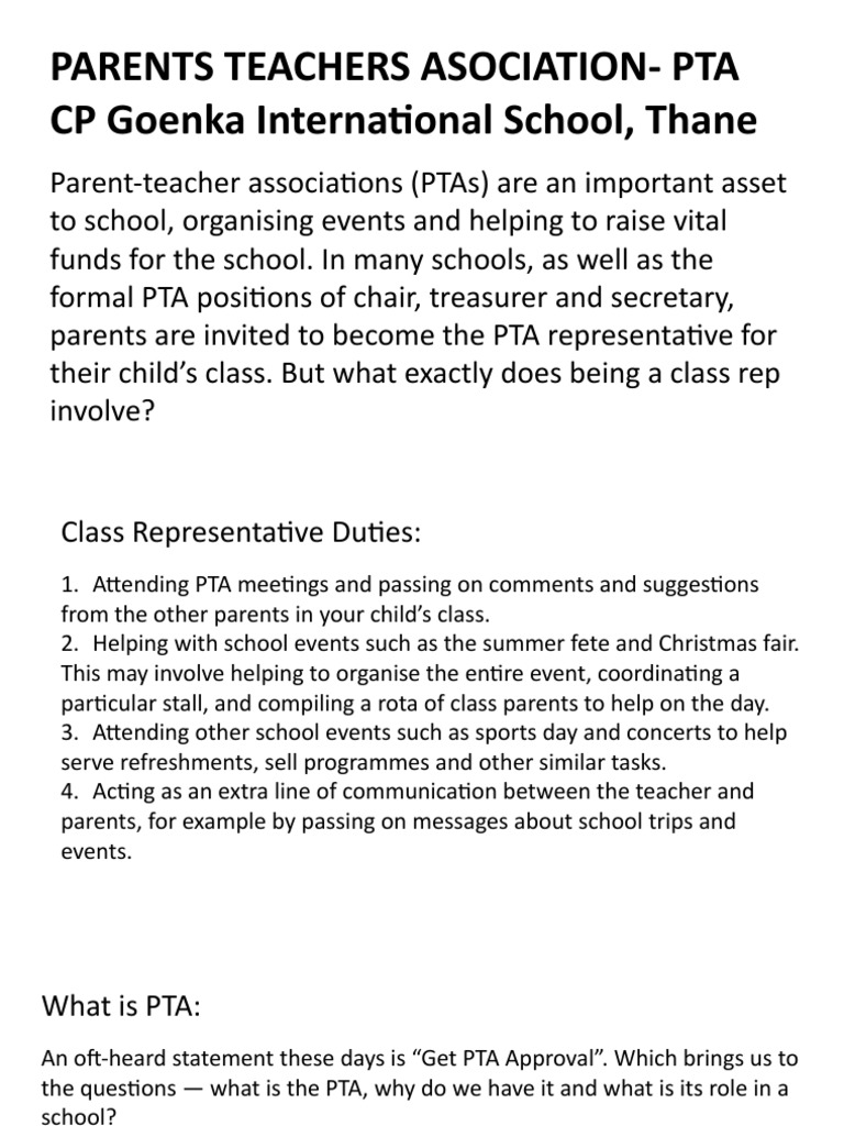 Parents Teachers Asociation-Pta CP Goenka International School, Thane | PDF