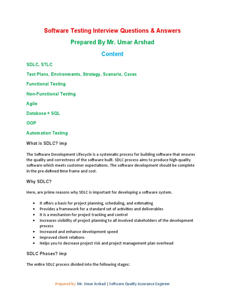 SQA Interview Preparation by Umar Arshad | PDF | Software Testing ...