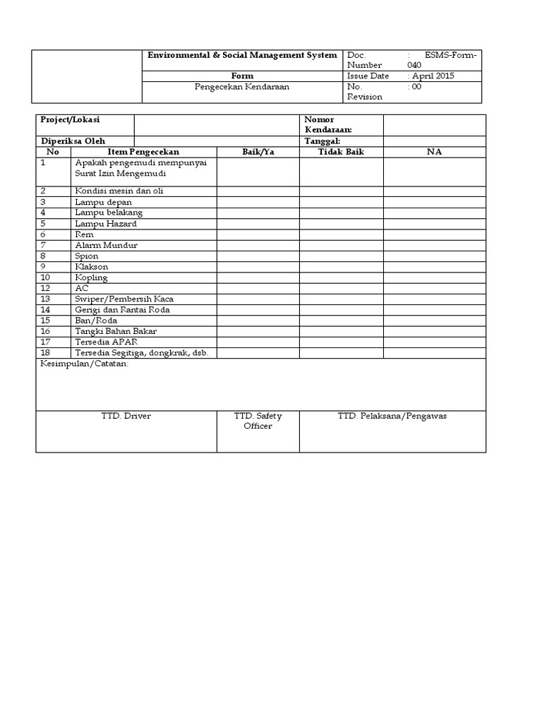 ESMS-FORM-040-Checklist Pemeriksaan Kendaraan Proyek | PDF