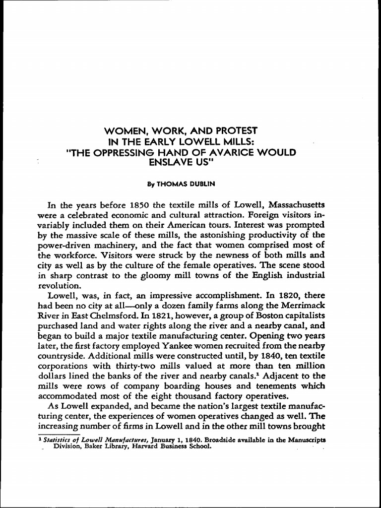 Dublin - Women Work and Protest in The Early Lowell Mills | PDF ...