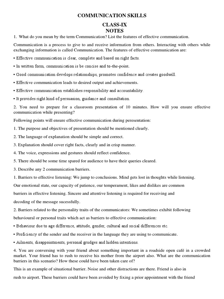 Class 9 Communication Skills Notes | PDF | Nonverbal Communication ...