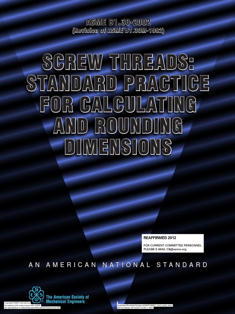 ASME B1.30 (2002) Screw Threads Standard Practice For Calculating & Rounding Dimensions | PDF ...
