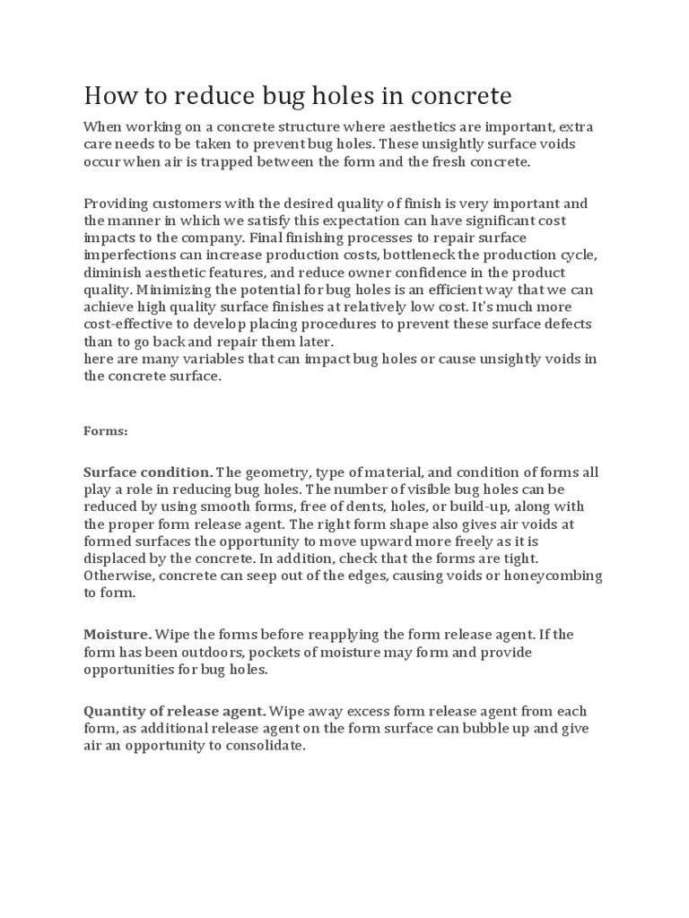 How To Reduce Bug Holes in Concrete | PDF | Concrete | Building Engineering