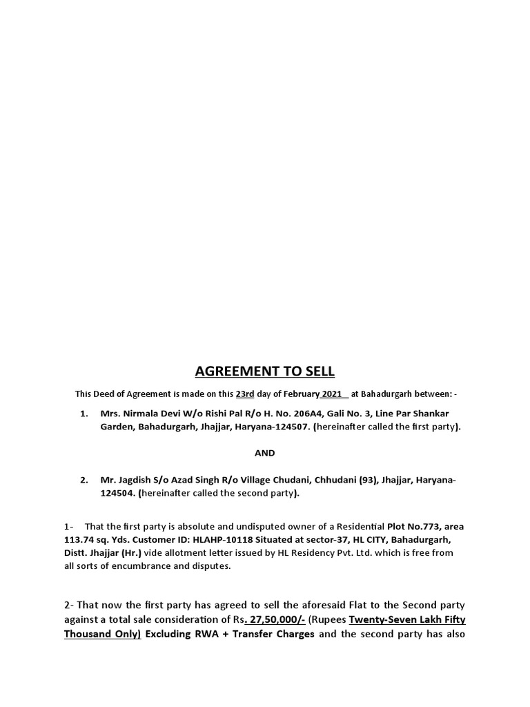Agreement To Sell Plot No 773 | PDF | Payments | Property